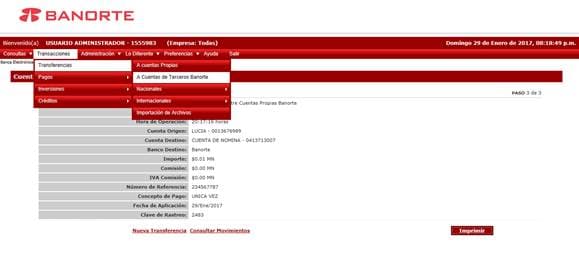 1) Ingrese a través del Menú principal Transacciones\ Transferencias ...